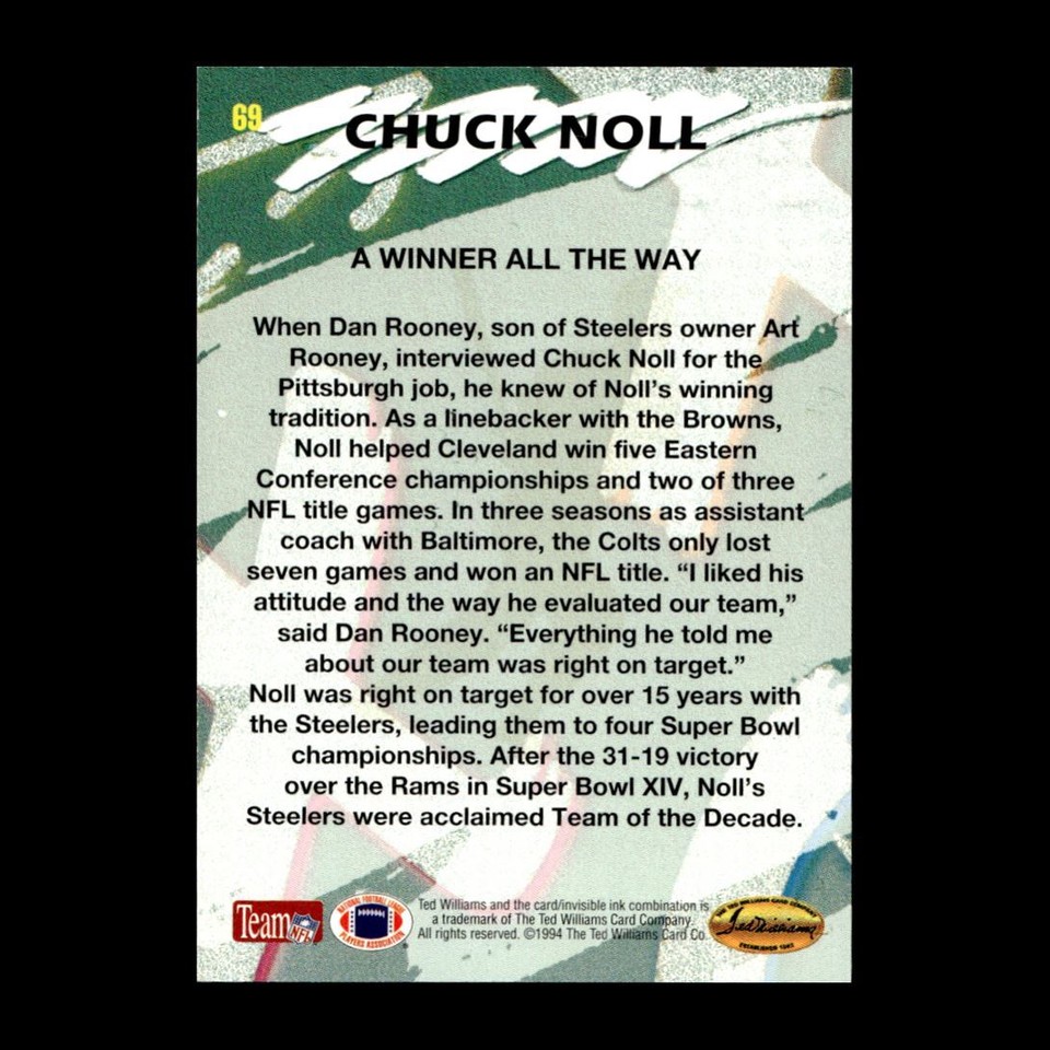 Chuck Noll 1994 Ted Williams Roger Staubach Cleveland Browns #69 R329L ...