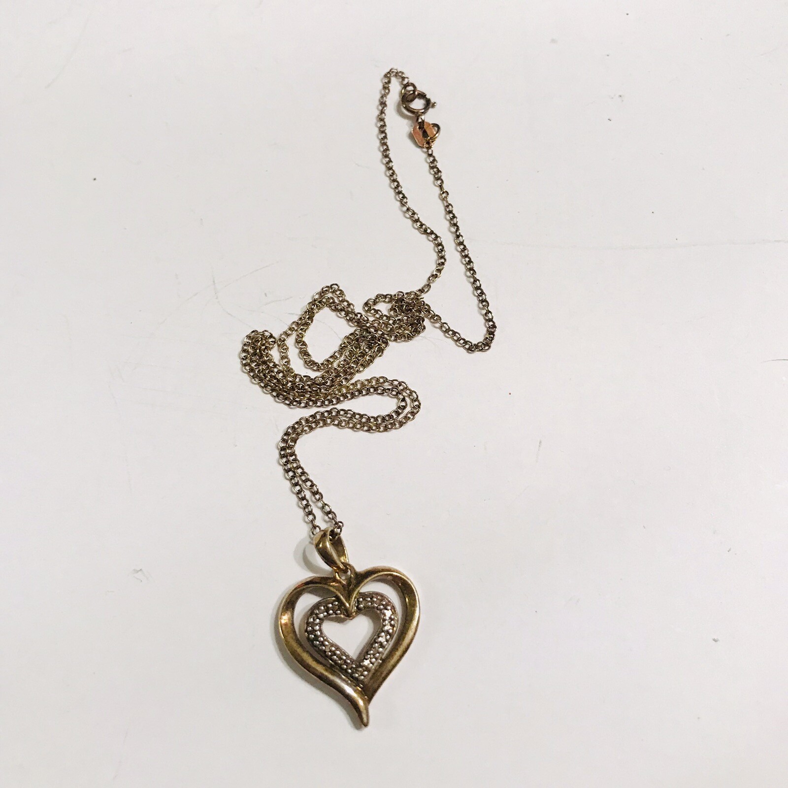 Sterling Silver Necklace Gold Overlay 2-Tone Heart Charm Chain Necklace ...