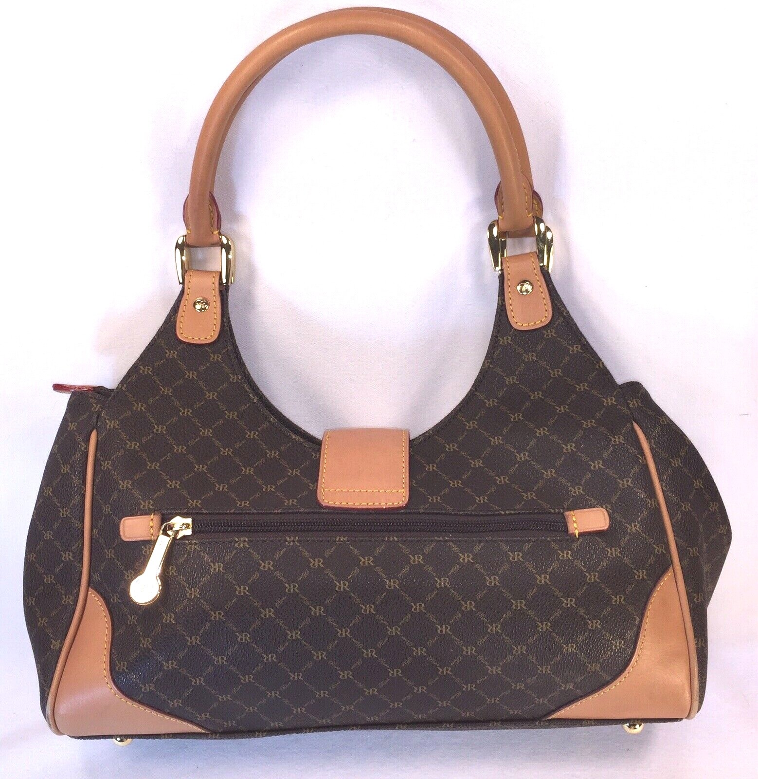 Classic Rioni Signature Brown Handbag Satchel Tan Handles Zip Top | eBay