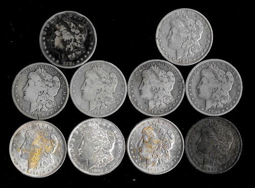 TEN (10) MORGAN DOLLARS 90% SILVER (1881-1921) "LOWER GRADE/CULL" LOT ...