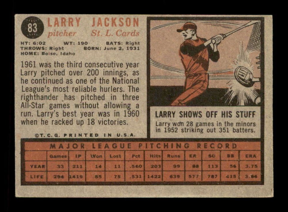 1962 Topps #83 Larry Jackson EX/EX+ X2656721 | eBay