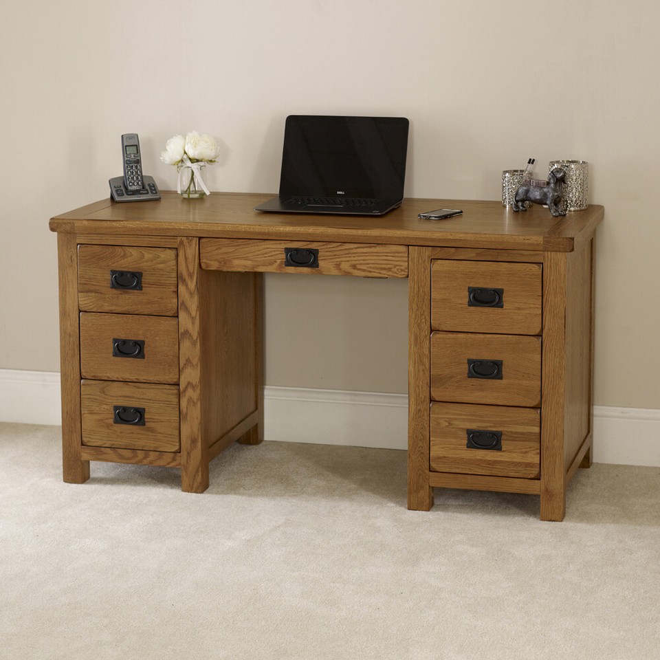 Rustic Oak Large Double Pedestal Computer Desk - Home Office Furniture ...