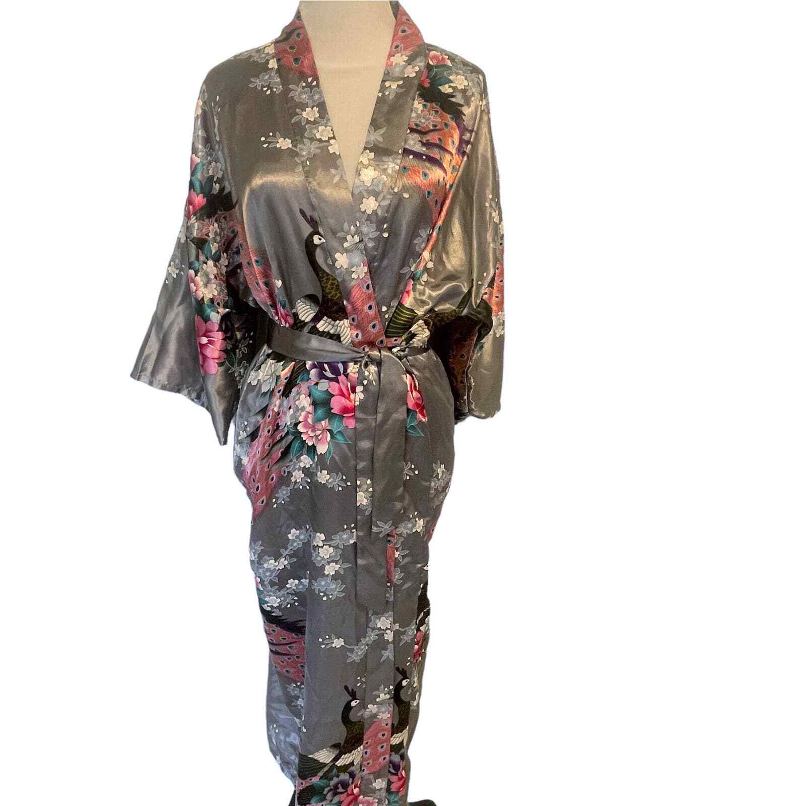 Ya Ye Er Si Floral Satin Kimono Robe Womens Gray Pink… - Gem