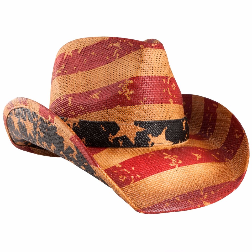 MEN'S USA AMERICAN FLAG COWBOY HAT VINTAGE Tea Stain SHAPE-IT BRIM US ...