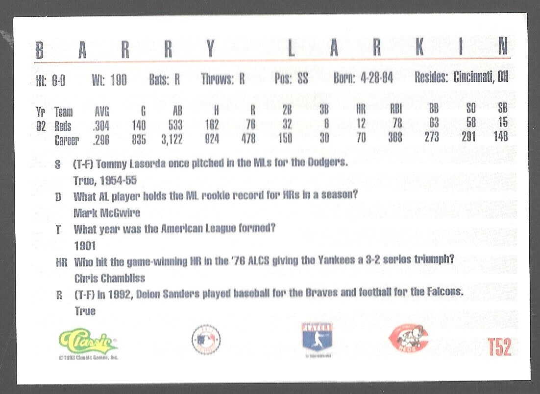 1993 Series Classic Barry Larkin T52 Trivia Game Cincinnati Reds | eBay