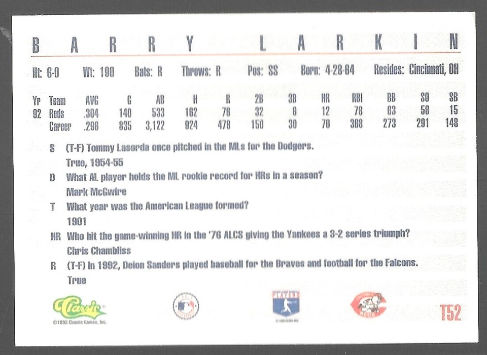 1993 Series Classic Barry Larkin T52 Trivia Game Cincinnati Reds | eBay