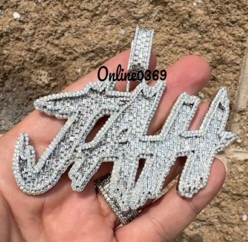 3ct Baguette Moissanite Mens Customize JAH Name Pendant White Gold ...