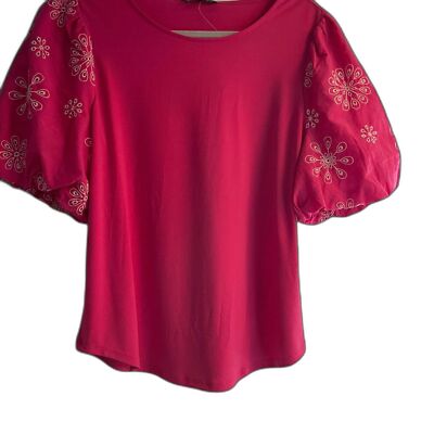 Adrianna Papell Raspberry colored solid knit top/embroidered puffy ...