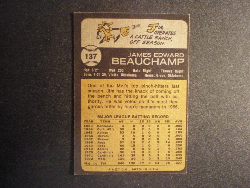 1973 Topps Baseball Mets Jim Beauchamp Card # 137 | eBay