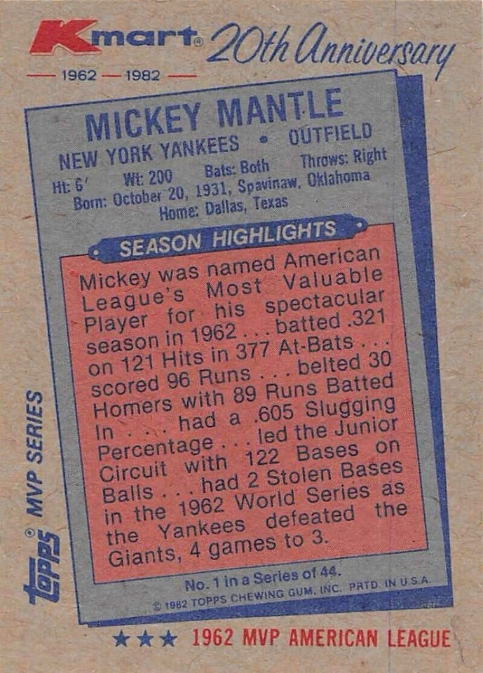 1982 Topps Kmart 20th Anniversary MVP Series (1962) #1 MICKEY MANTLE ...