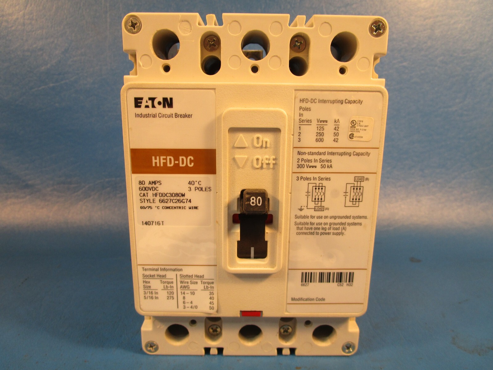 Eaton HFDDC3080W, Molded Case Circuit Breaker, F-frame, HFD, Three-pole ...