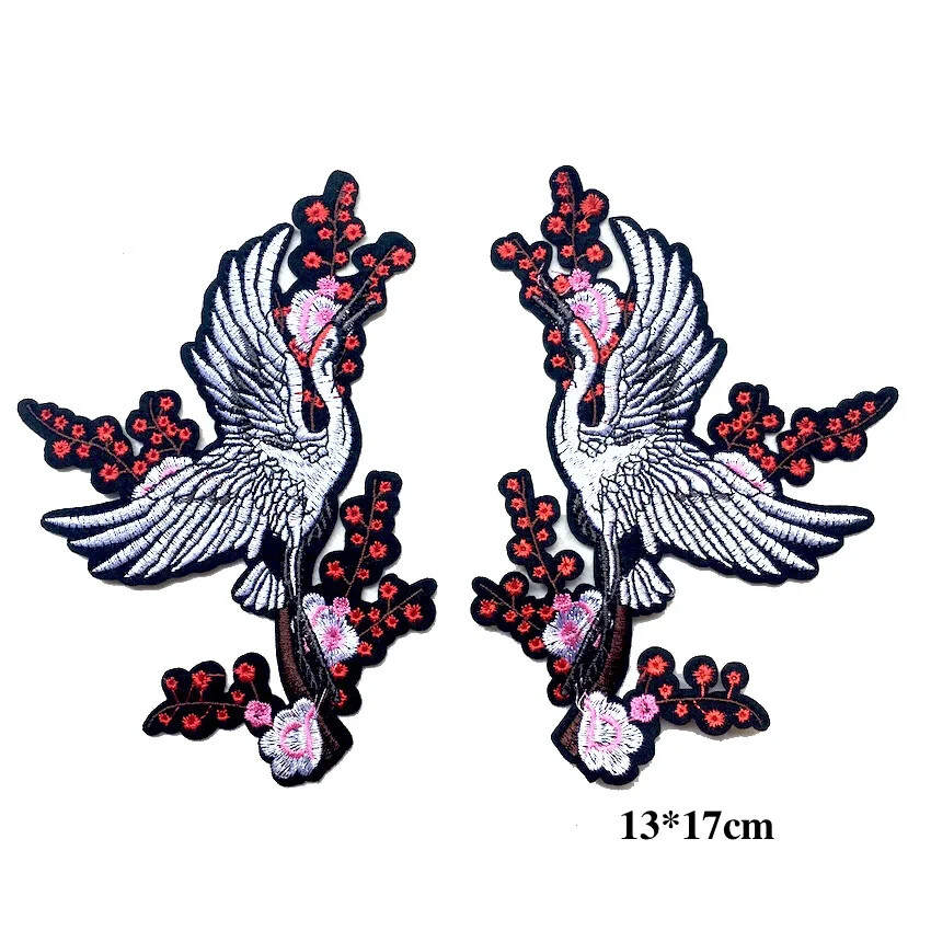 2 Japanese Folklore Patches Red Capped Cranes Sakura Iron On ...