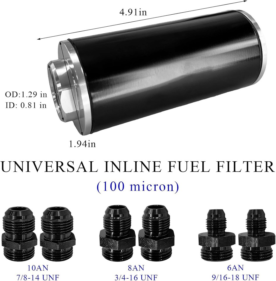 High Flow Inline Fuel Filter 100 Micron Cleanable 6AN 8AN 10AN Adapter ...