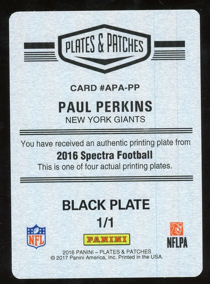 Paul Perkins 2016 Plates and Patches Black Printing Plate Serial #d 1/1 ...