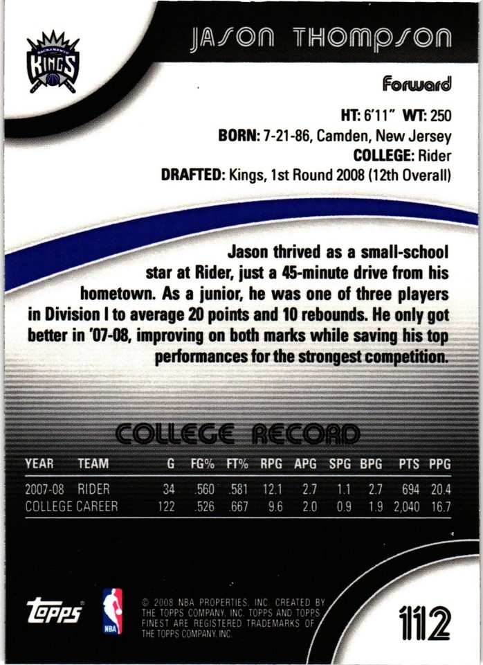 Jason Thompson 2007-08 Topps Finest XRC Rookie RC Card #112 Sacramento ...