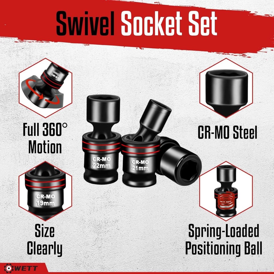 18PCS 1/2 Drive Impact Swivel Socket Set Metric 6 Point Wobble 10-24mm ...