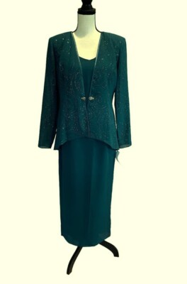 R&M Richard Teal Peacock Two-Piece Long Maxi Dress And Sparkle Jacket 6 ...
