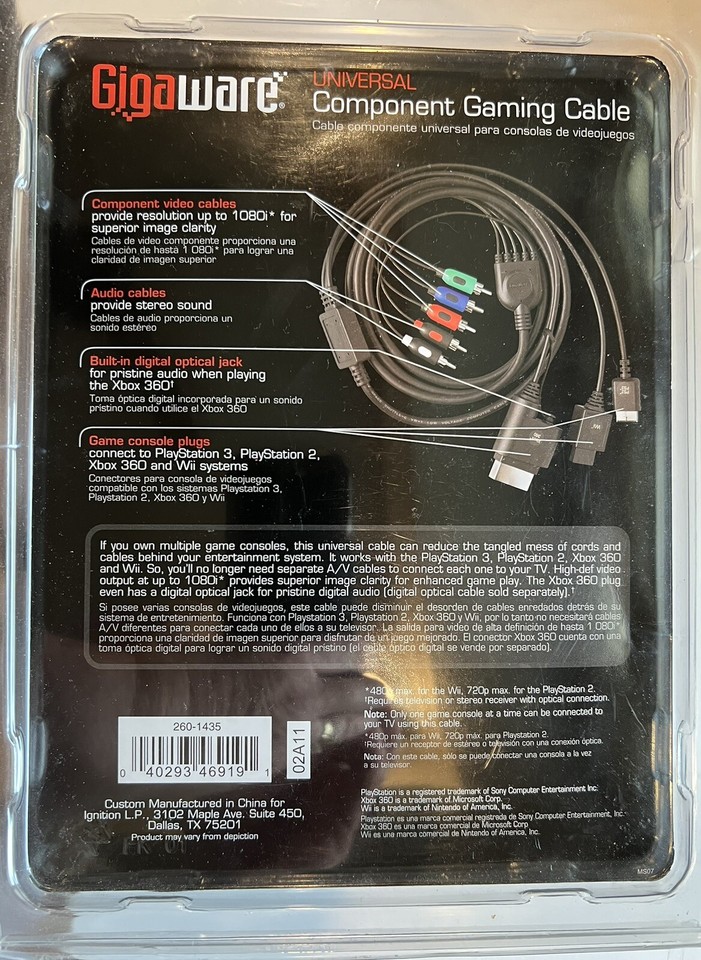 Gigaware Universal Component Gaming Cables PS3 PS2 Xbox 360 Wii (Open ...