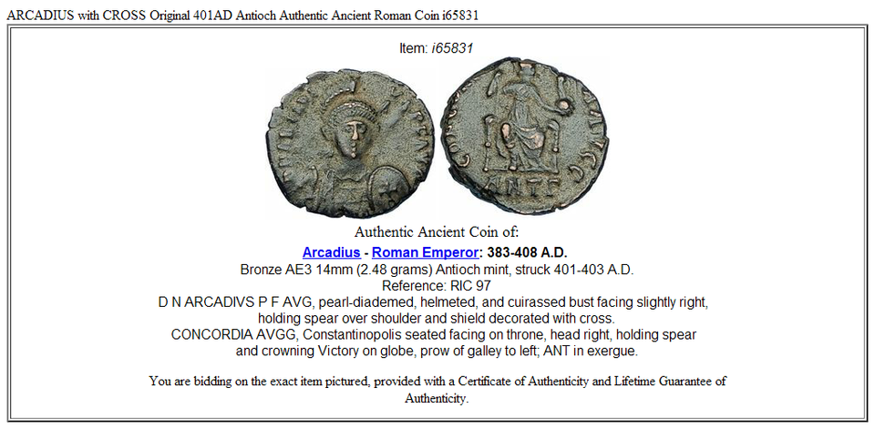 ARCADIUS with CROSS Original 401AD Antioch Authentic Ancient Roman Coin ...