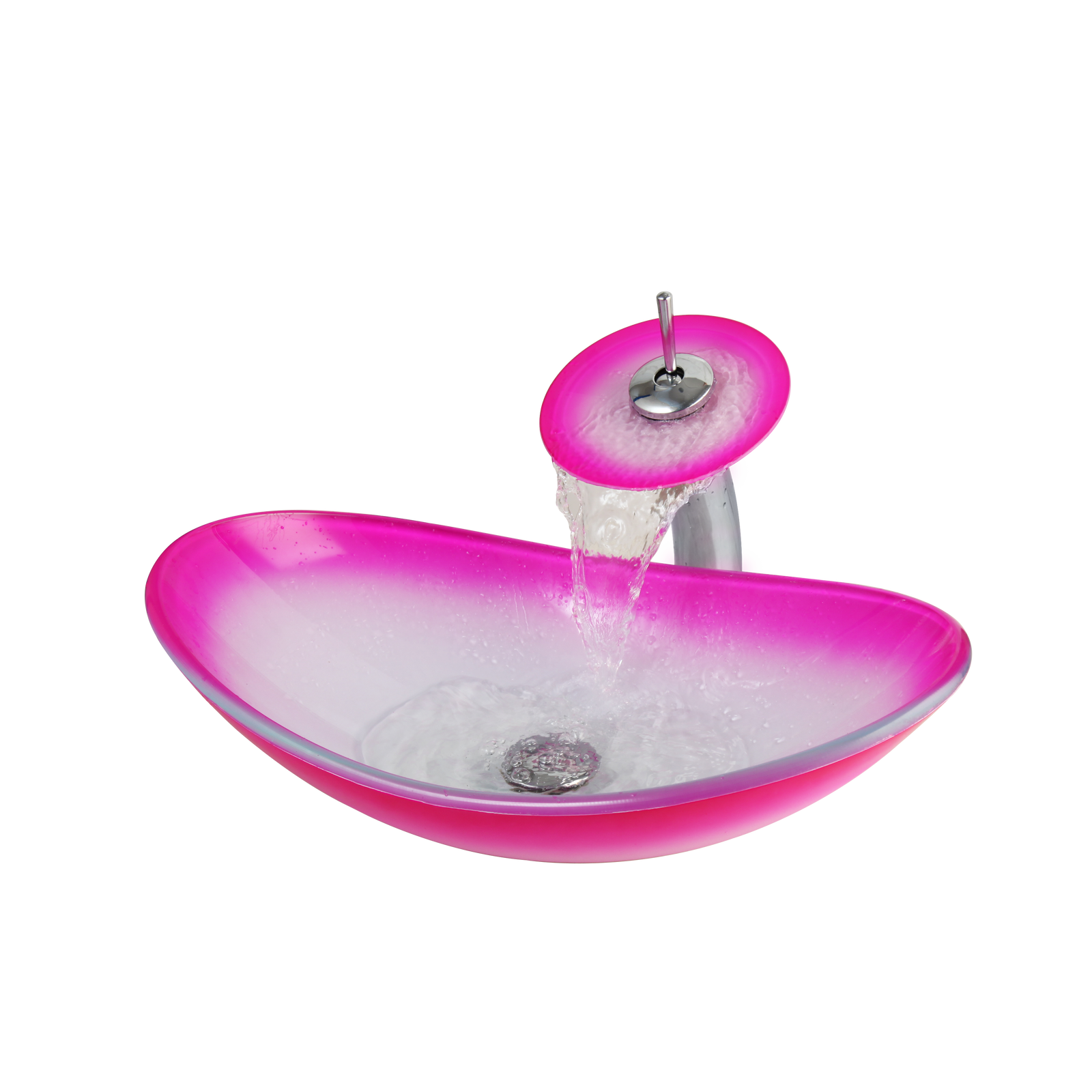 Bathroom Sinks Oval Pink Tempered Glass Bowl Waterfall Mixer Tap Faucet ...
