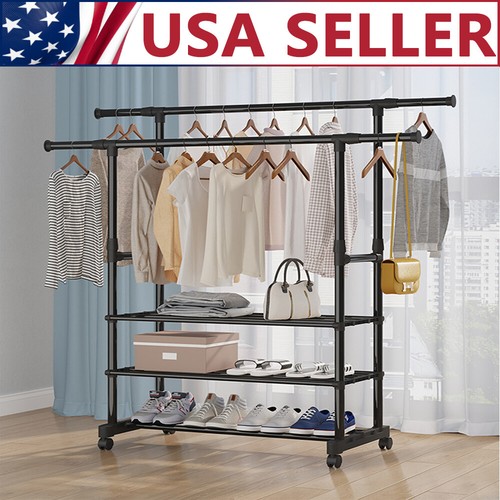 Heavy Duty Clothing Garment Rack Rolling Clothes Organizer Double Rails ...