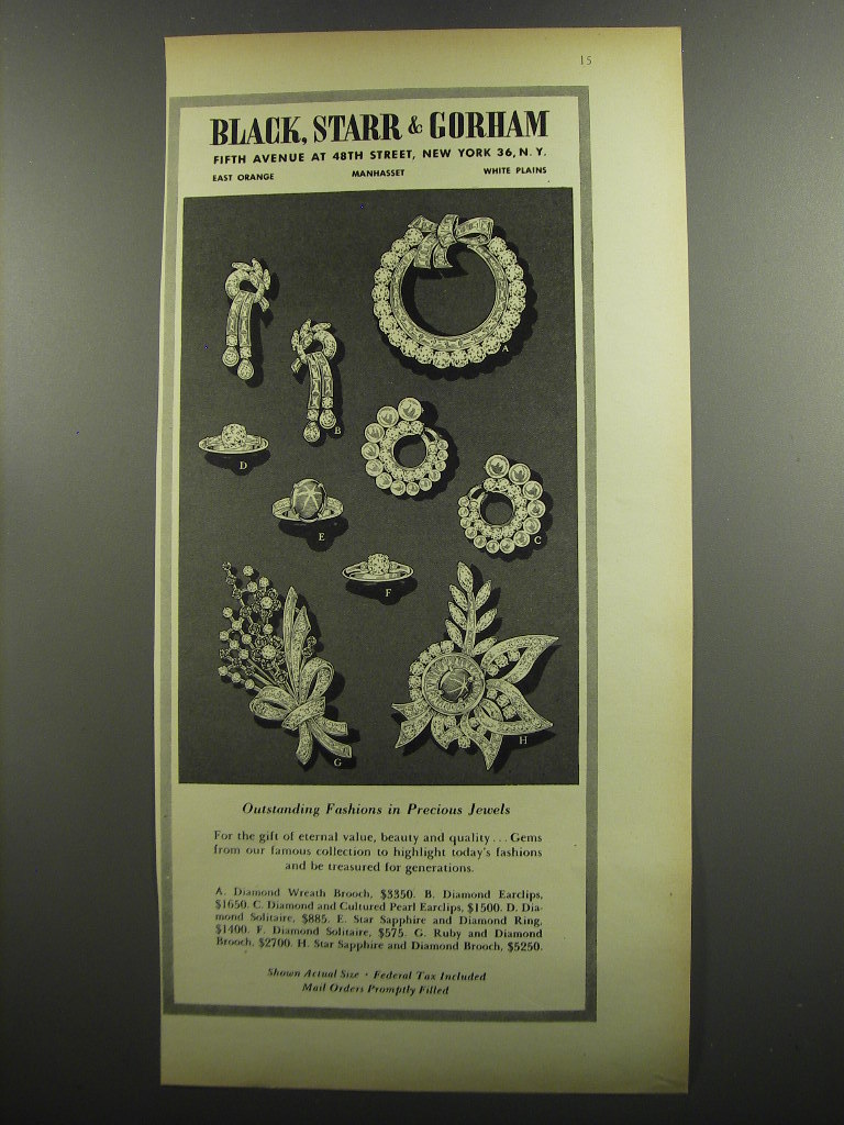 1953 Black, Starr & Gorham Jewelry Ad - Outstanding fashions in ...