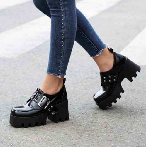 Women's Spring Autumn Punk Chunky High Heel Shoes Square Toe Buckle ...