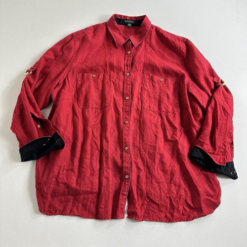 LRL Lauren Ralph Lauren Shirt Womens 2X Plus Size Button Up Red Linen ...