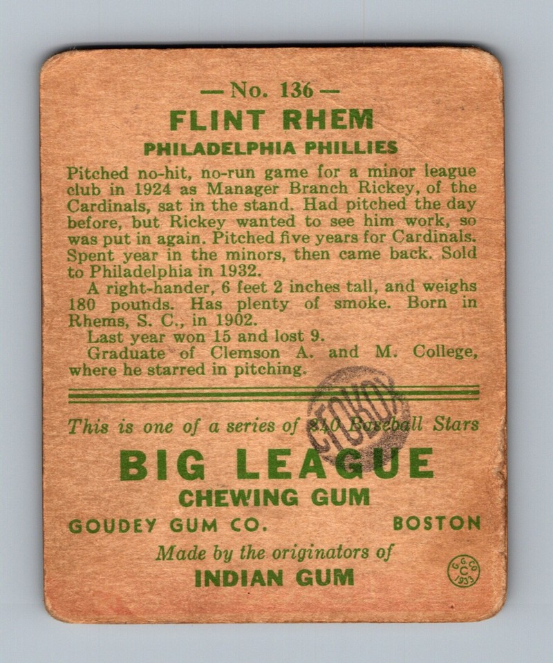 1933 Goudey #136 Flint Rhem LOW GRADE Baseball Card | eBay