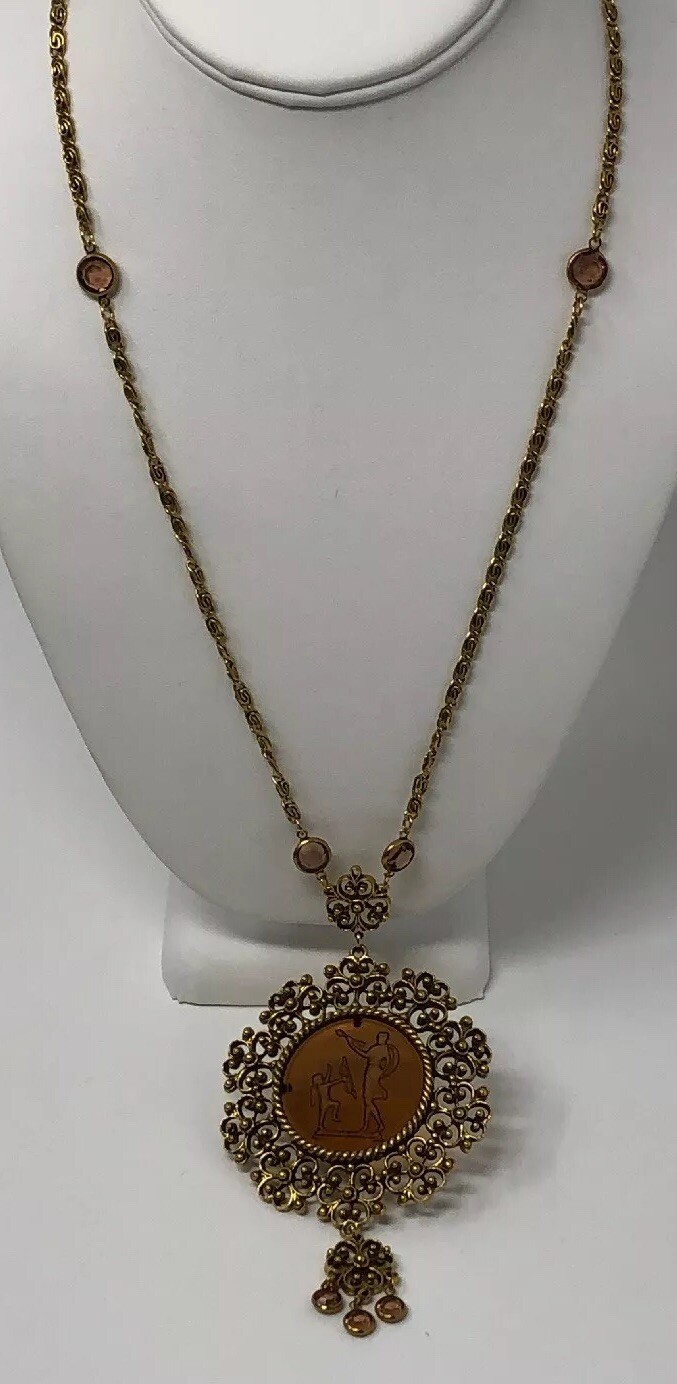 Vintage UnSigned Goldette Intaglio Topaz CRYSTAL Glass Cameo Dangle ...