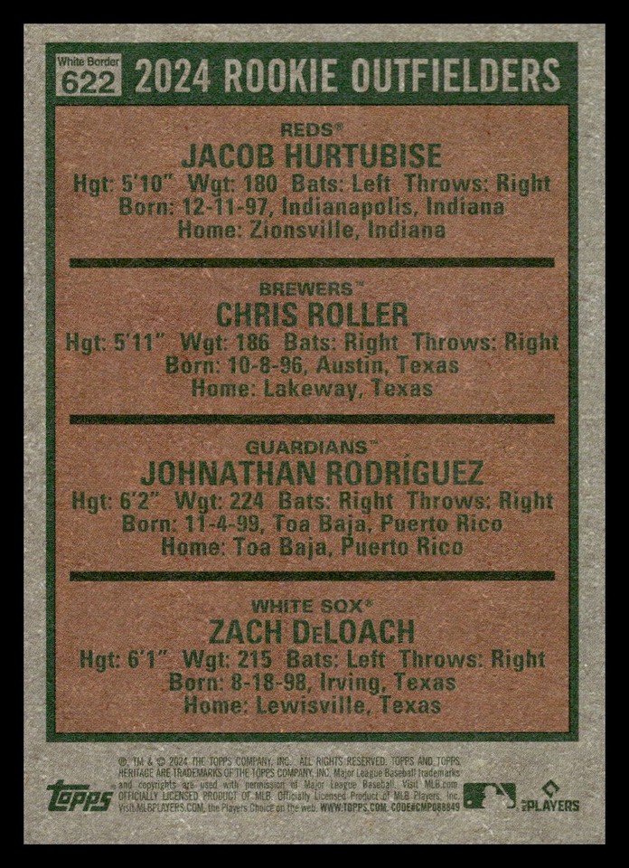 2024 Topps Heritage High White Border 622 Jacob Hurtubise / Johnathan ...