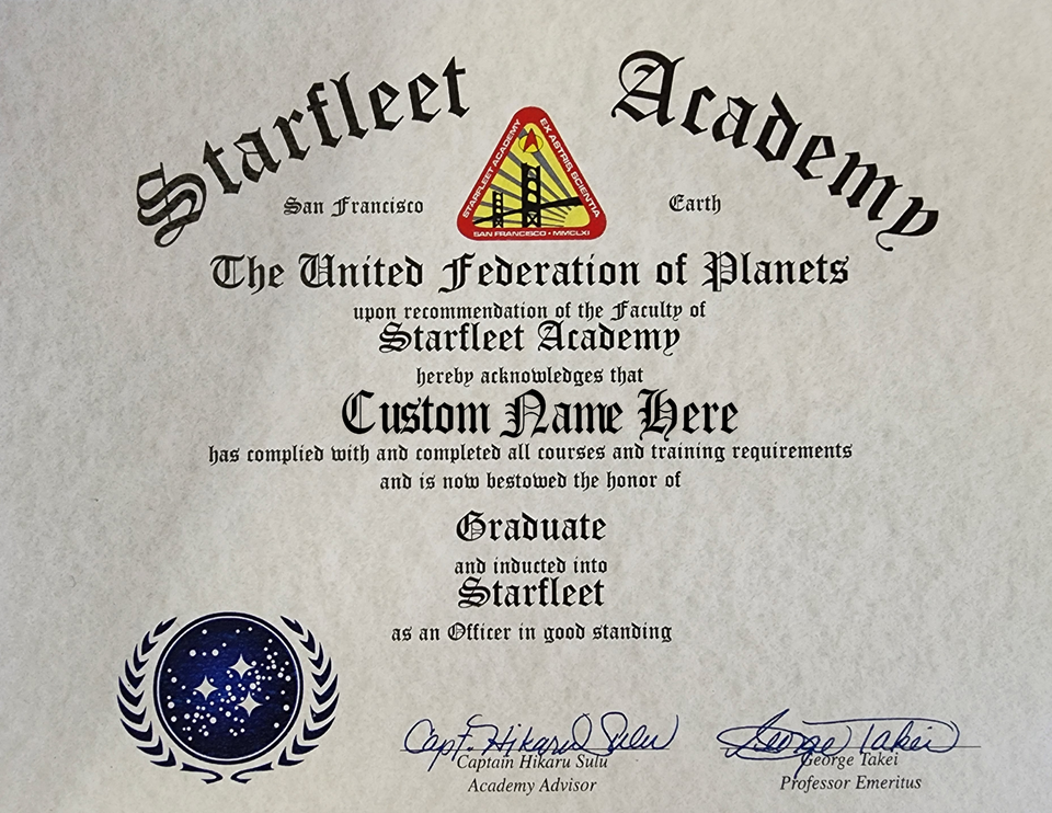 Deluxe Star Trek Starfleet Academy Diploma Signed by Captain Sulu ...