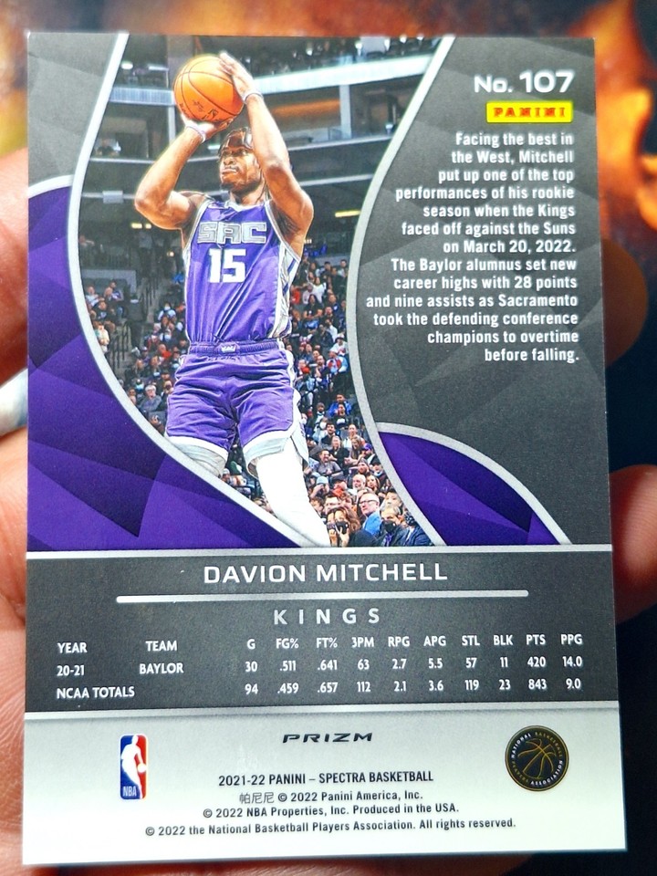 2021-22 Spectra DAVIAN MITCHELL #107 Rookie RC SP Sacramento Kings ...
