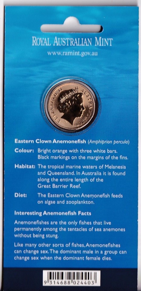 AUSTRALIAN: 2006 $1 OCEAN SERIES CLOWNFISH COLOURED COIN ON CARD MID ...