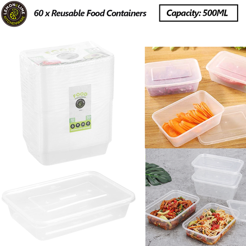 60 x Takeaway Containers Plastic Lid Takeaway Food Meal Prep Lunch Box ...
