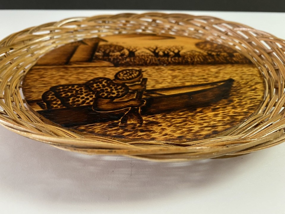 Unique Pyrography Wood Burning Art Woman in Canoe Wood & Wicker Folk ...