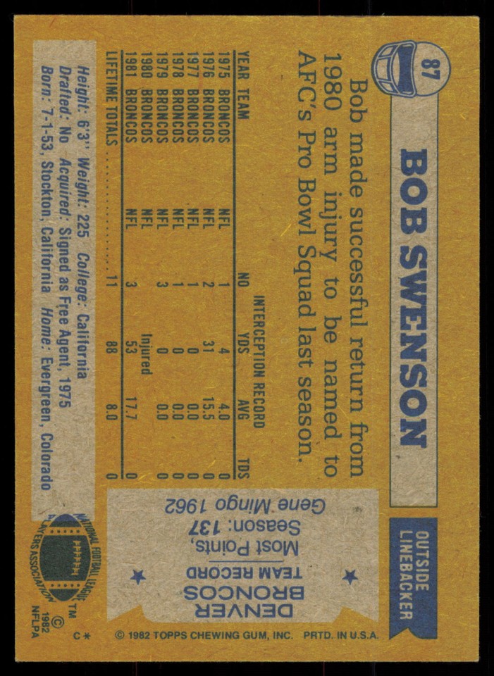 1982 Topps Football #87 Bob Swenson RC Denver Broncos | eBay