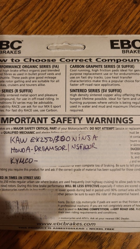 EBC BRAKE PADS FA197 KAWASAKI EX250/300 NINJA HONDA DREAM 50R NSF100R ...