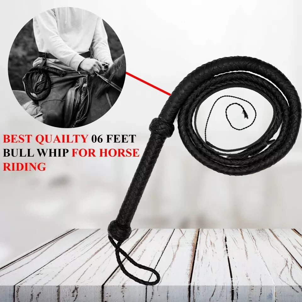 Leather BULL WHIP Cowhide 04 to 08 Feet Leather Bullwhip Black Rope ...