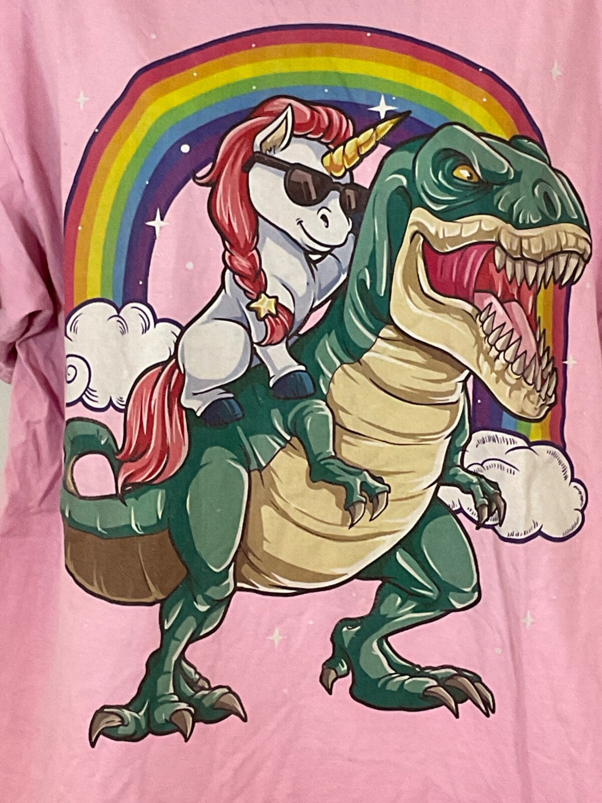 Unicorn riding T Rex dinosaur under a rainbow Pink T … - Gem