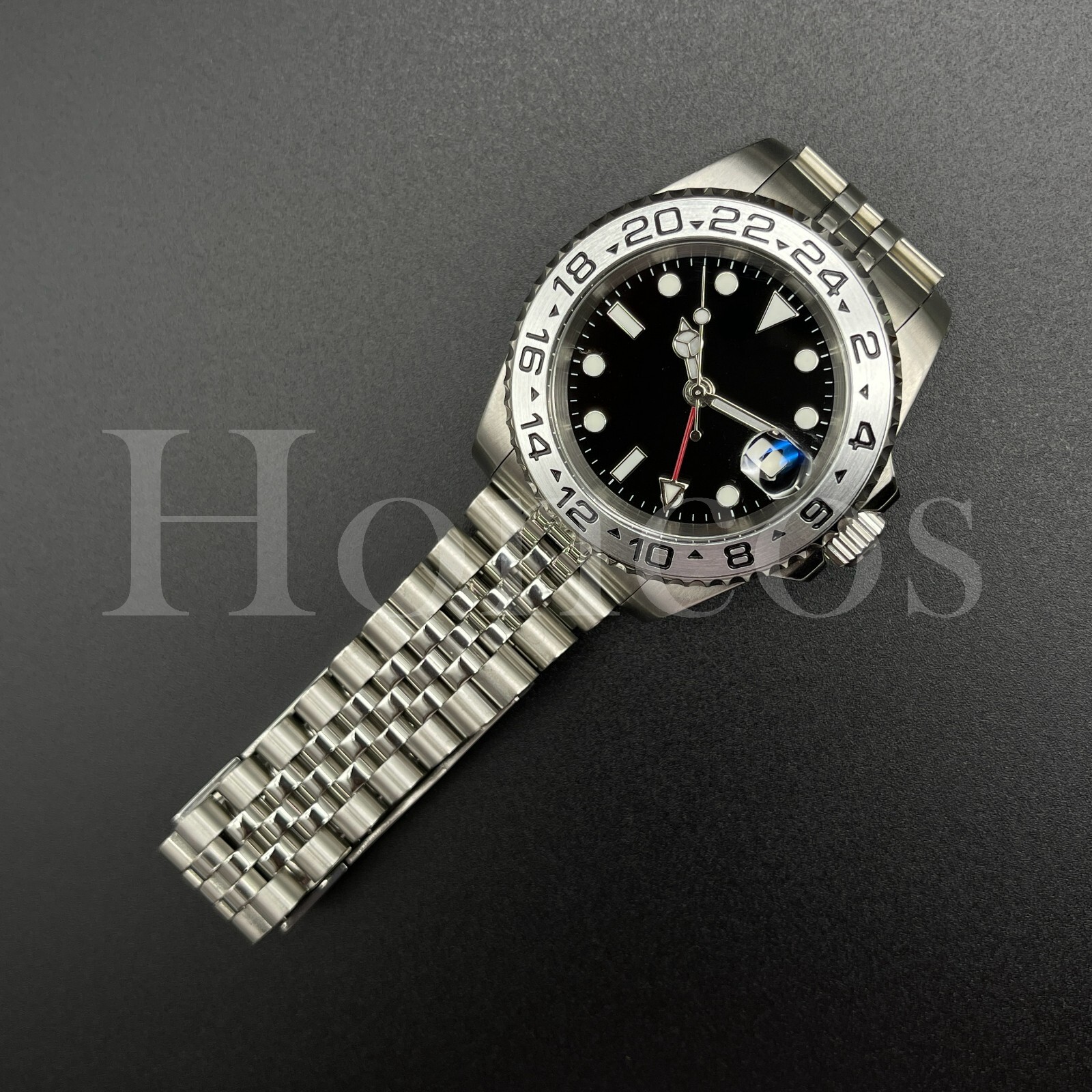 Custom Made GMT Style Watch Automatic Movement Black Dial Silver Bezel ...