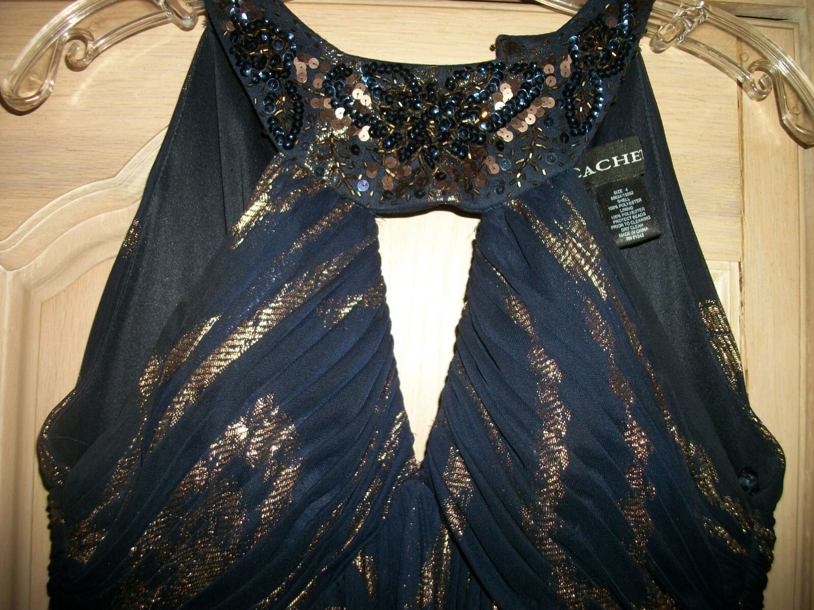 Cache Blue and Gold Formal Beaded Neck Gown Maxi Dres… - Gem