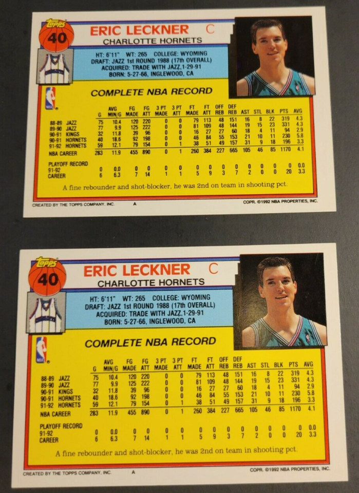 1992-93 Topps Charlotte Hornets Basketball Card #40 Eric Leckner (EACH ...