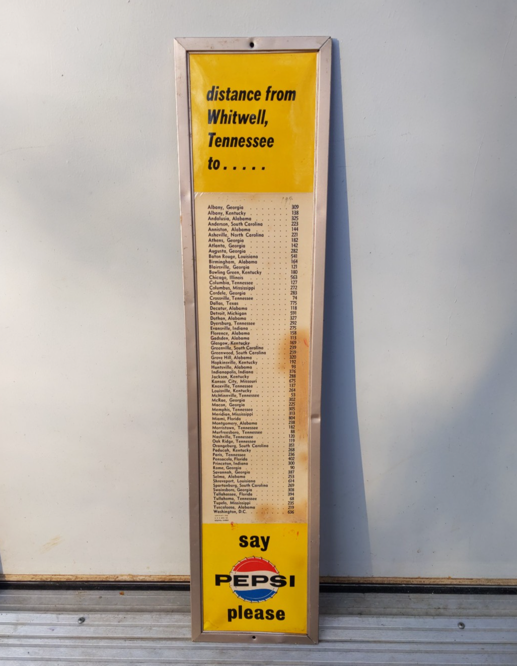 1955 PEPSI Bus Gas Station Mileage Sign Whitwell TN SAY PEPSI PLEASE ...