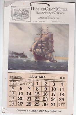 Hartford County Mutual Fire Insurance Co Complete 1919 Calendar Card | eBay