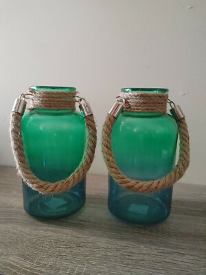 Green Glass Rope Handle Jars | eBay