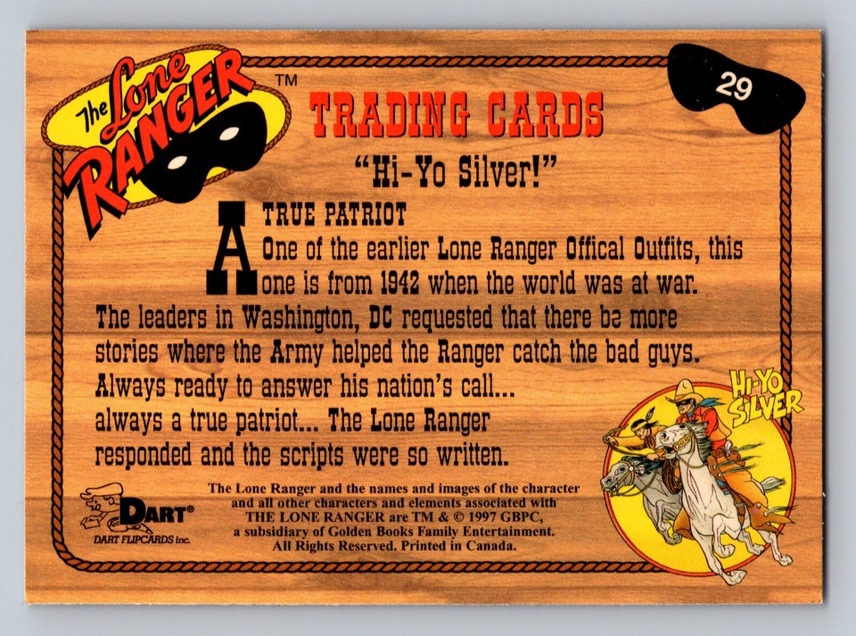 1997 Dart The Lone Ranger #29 A True Patriot Trading Card Western ...