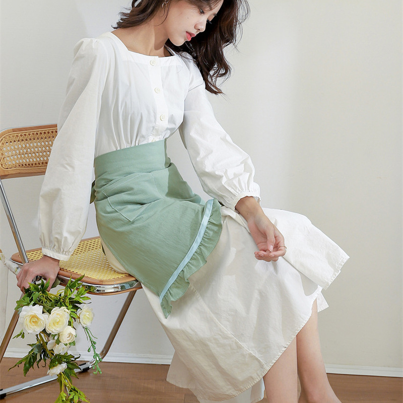Women Falbala Half Short Apron with Pocket Washed Cotton Kitchen ...