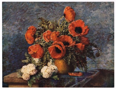 VINTAGE 1940S ART PRINT ORIGINAL MAX STRECKENBACH POPPIES STILL LIFE ...