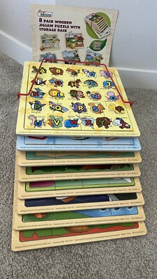 First Learning 8 Pack Wooden Jigsaw Puzzle W/ Storage Rack ABC-123 ...